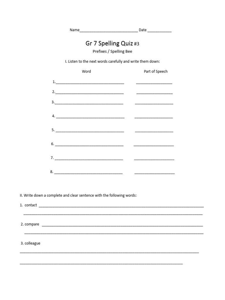 GR 7 Spelling Parcial 2 Quiz #3 2019-20 | PDF