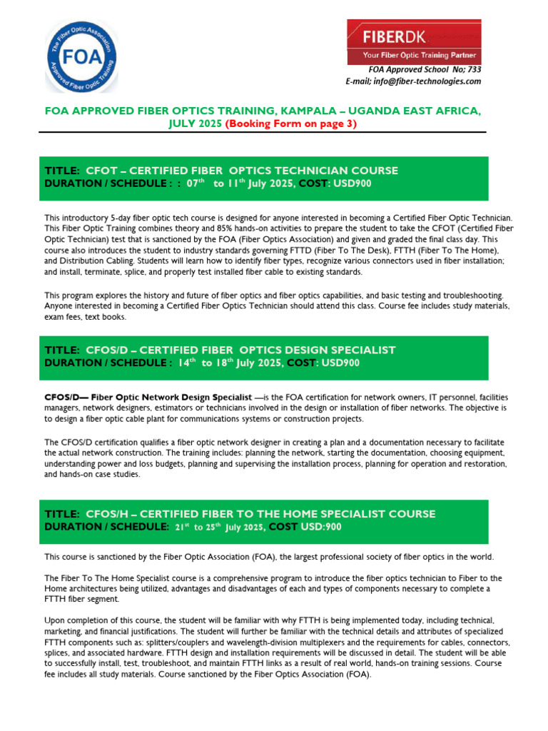FOA Courses & Registration Form July-August 2025 | PDF | Fiber To The X ...