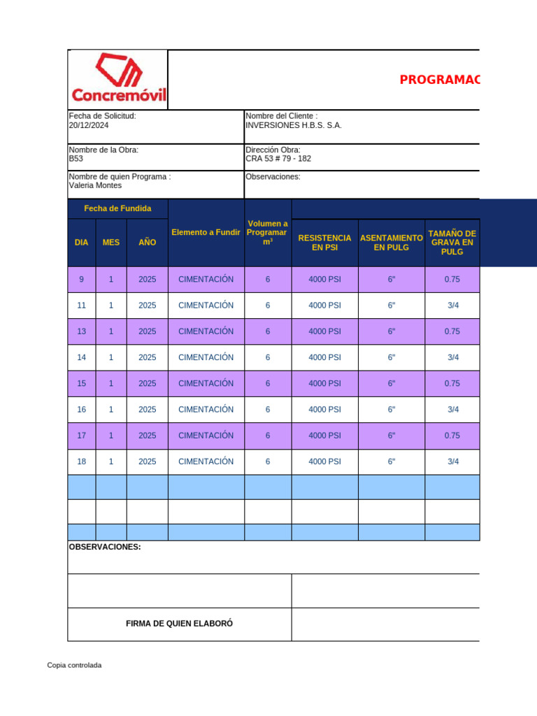 Programación de Concreto para Obra B53 | PDF