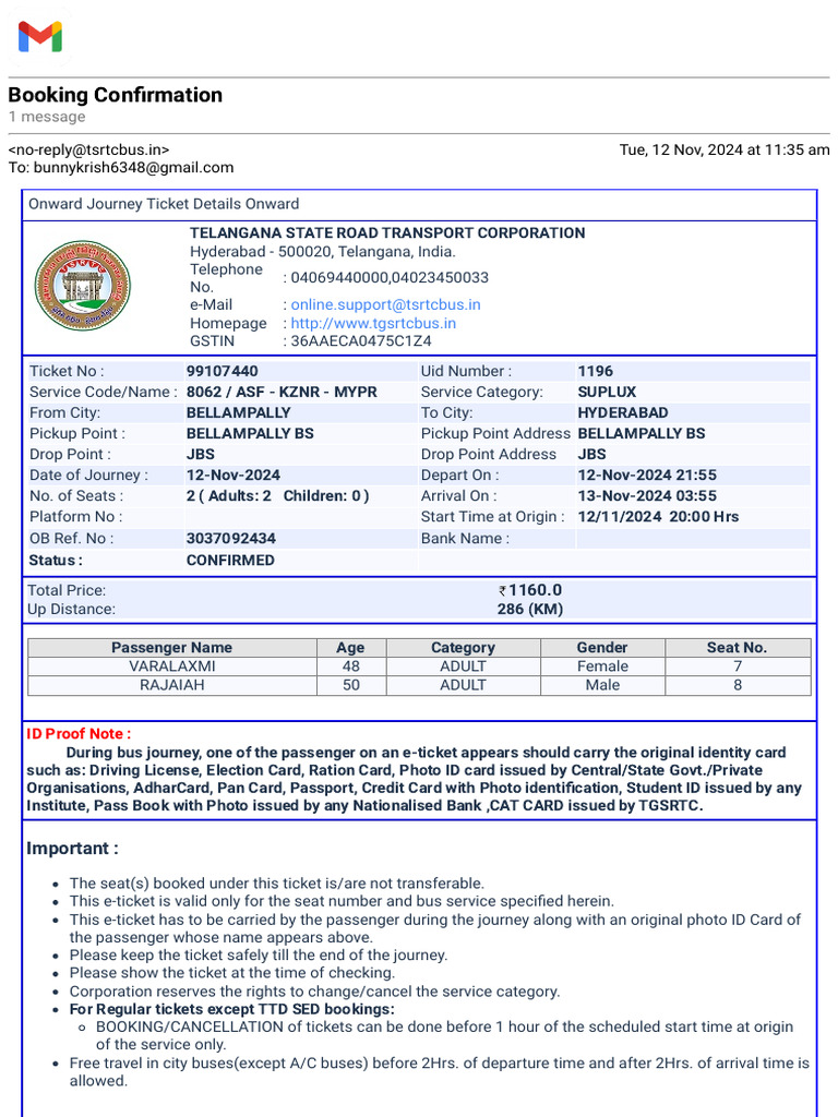 TSRTC Booking Confirmation Details | PDF | Identity Document | Access Control