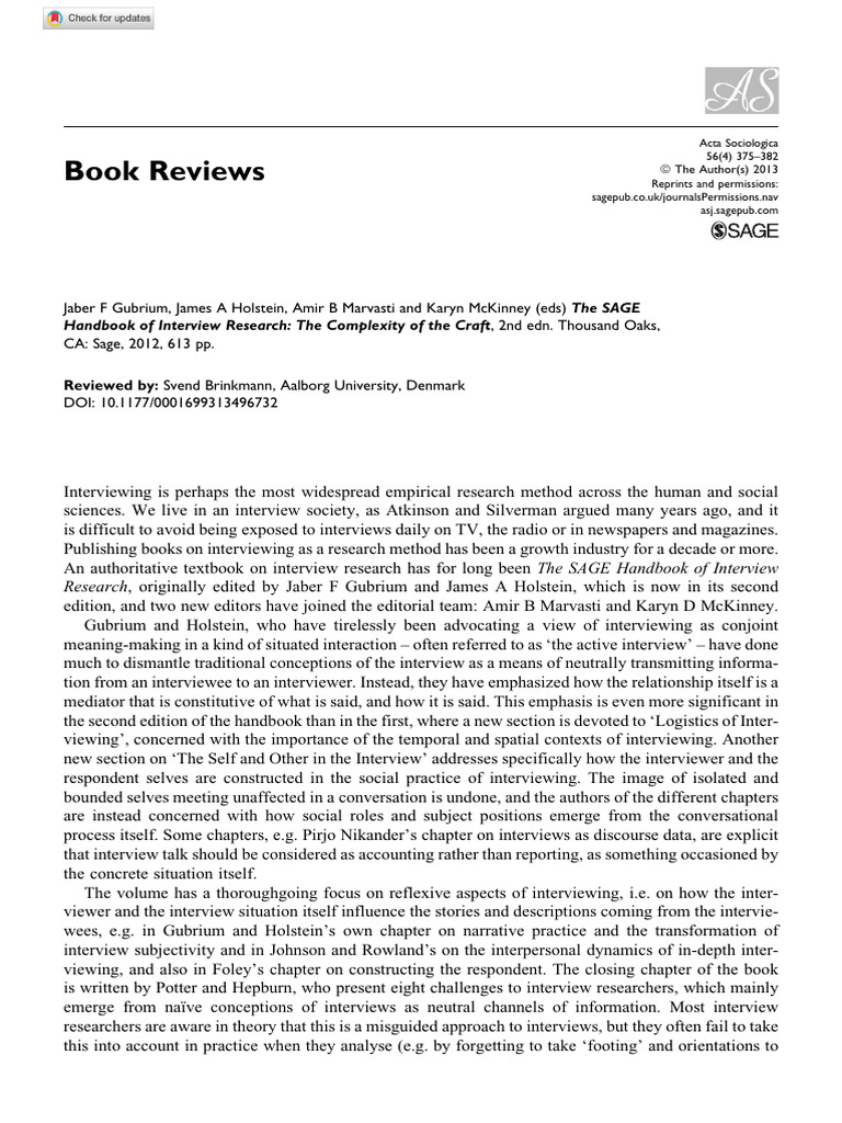 Brinkmann 2013 Book Review The Sage Handbook of Interview Research The ...