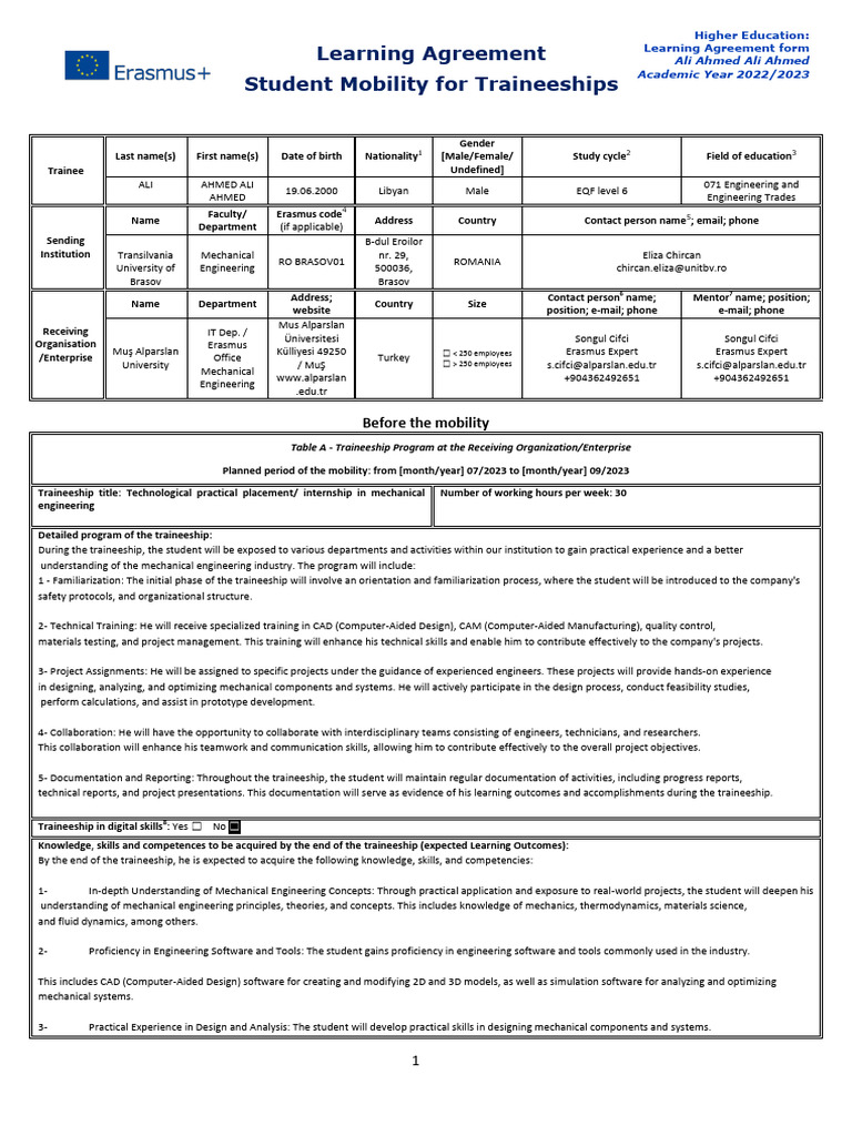 13.SMP Learning Agreem Traineeships BEFORE Mobility ALI AHMED | PDF ...