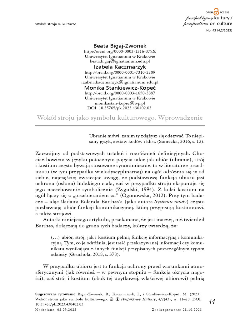 2023 - Art - Stankiewicz-Kopeć M., Bigaj-Zwonek B., Kaczmarzyk I - Wokół Stroju Jako Symbolu ...