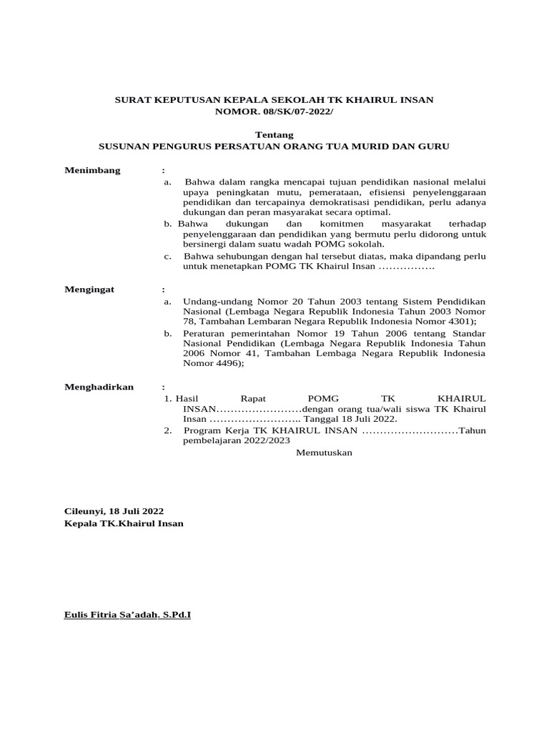 Struktur dan Program POMG TK Khairul Insan | PDF