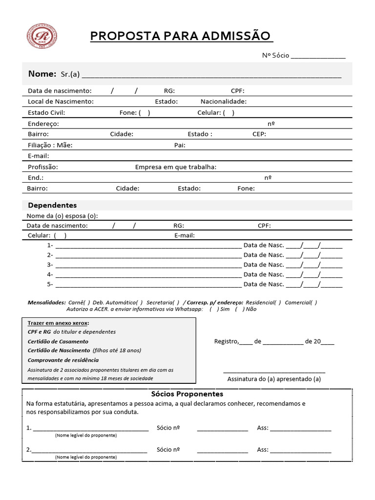 Ficha Proposta Acer em Branco | PDF