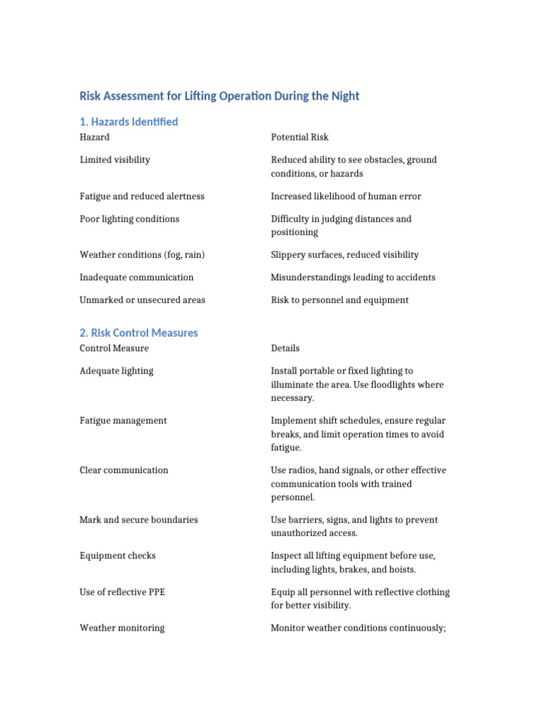 Risk Assessment Night Lifting | PDF | Risk | Lighting