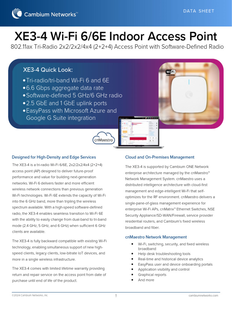 Cambium Networks Data Sheet WiFi-6-6E XE3-4 AP | PDF | Wi Fi | Computer Network