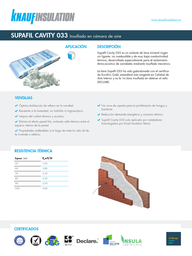 Knauf Ficha Técnica ES_SUPAFIL Cavity 033 | PDF | Materiales | Naturaleza