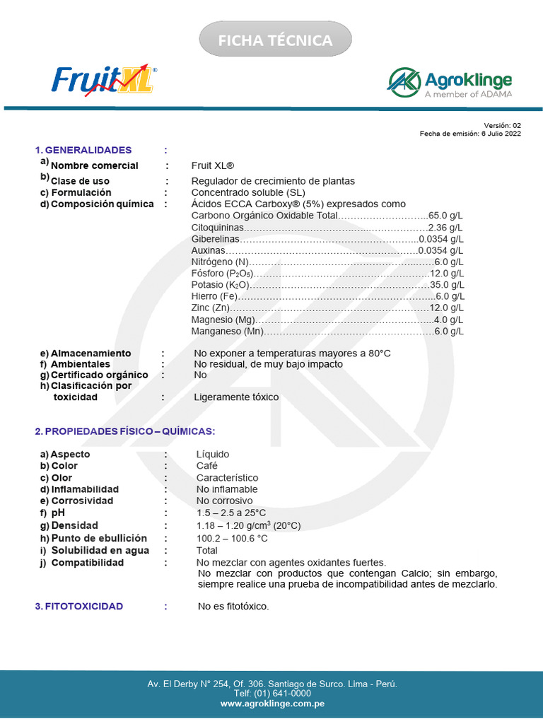 Ficha Tecnica Fruit XL 6-07-2022 | PDF | Agua | Manganeso
