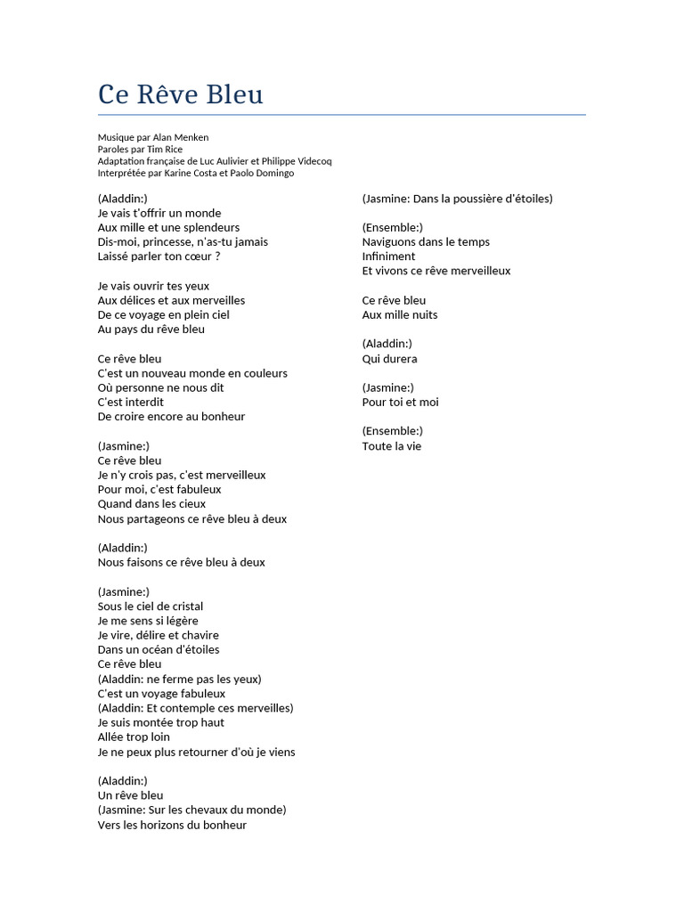 "Ce Rêve Bleu : Chanson d'Aladdin" | PDF