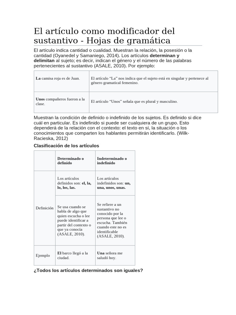 Artículos en español: clasificación y uso | PDF | Sustantivo | Género ...