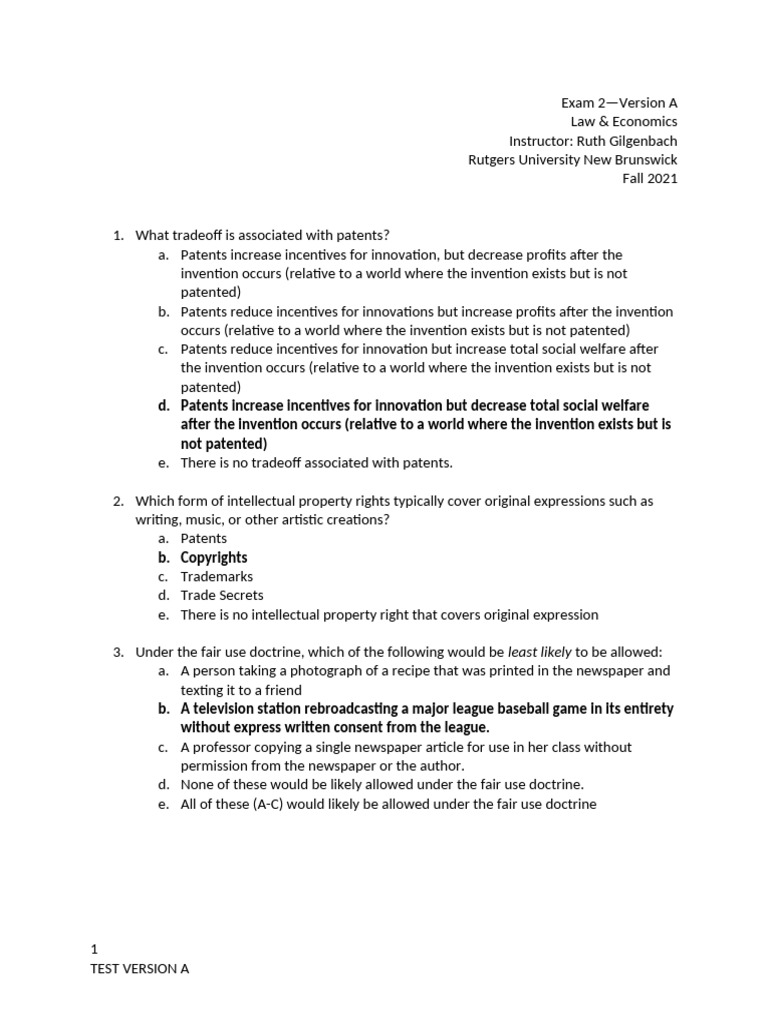 Exam 2 Fall 2021 Version A Key | PDF | Damages | Private Law