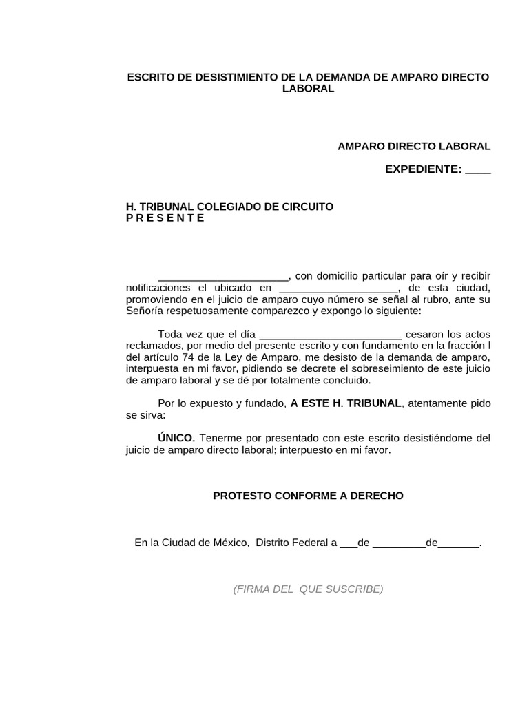 Escrito de Desistimiento de La Demanda de Amparo Directo Lab | PDF