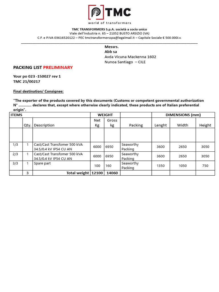 217 Packing List - 1 Shipment | PDF