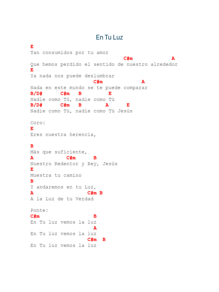 En Tu Luz: E C#M A E C#M A B/D# C#M B E B/D# C#M B A E | PDF