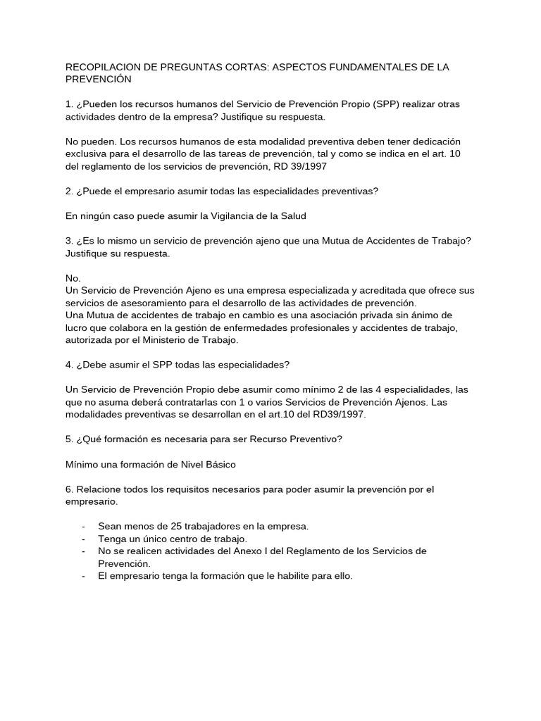 Recopilacion de Preguntas Cortas - Aspectos Fundamentales de La Prevención | PDF | Seguridad y ...