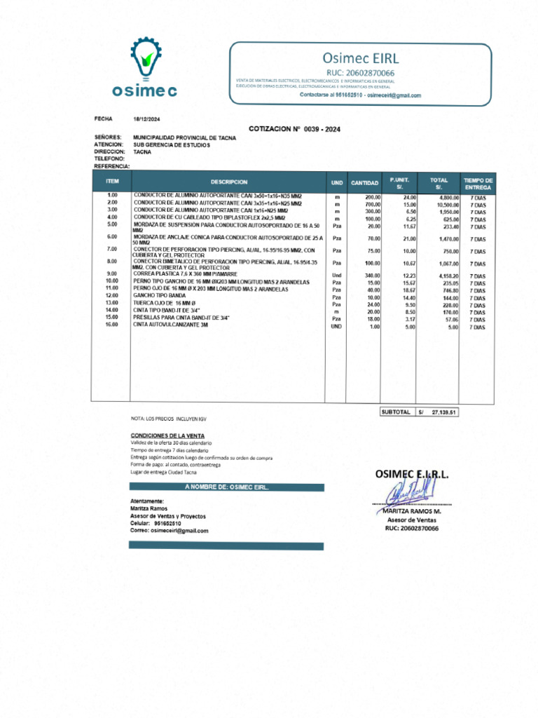 COTIZACION OSIMEC 37-40-2024, ACCESORIOS ELECTRICOS MPT 3-Scan | PDF