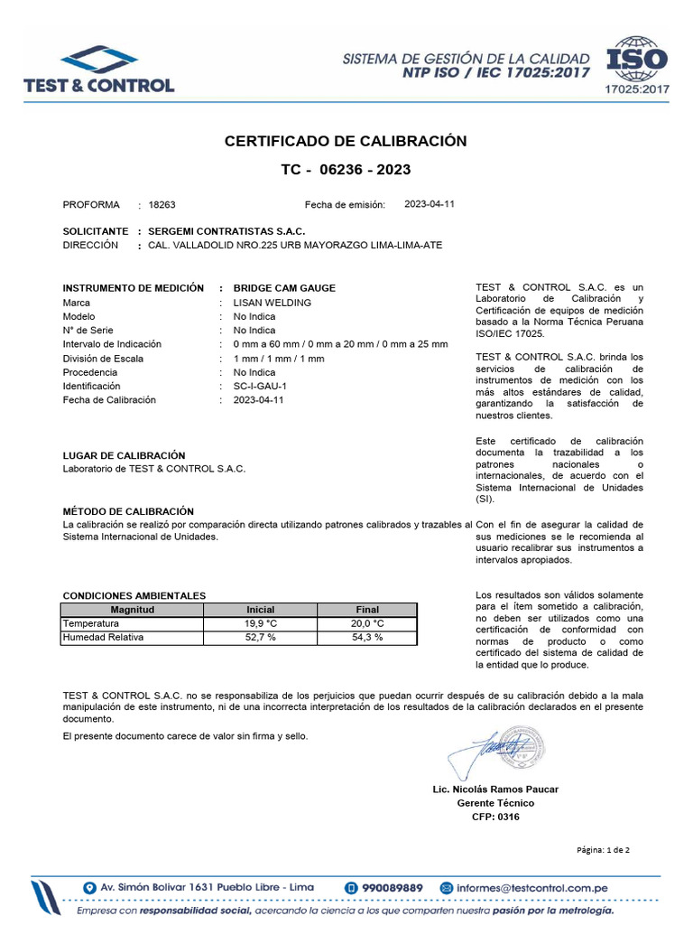 Certificados de Calibracion Equipos Sergemi Contratistas | PDF ...