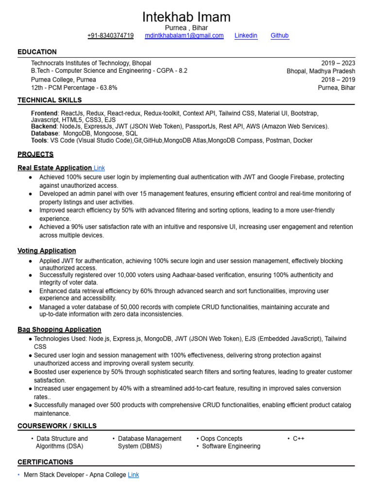Intekhab Resume MernStack 2023 | PDF | Databases | Computing