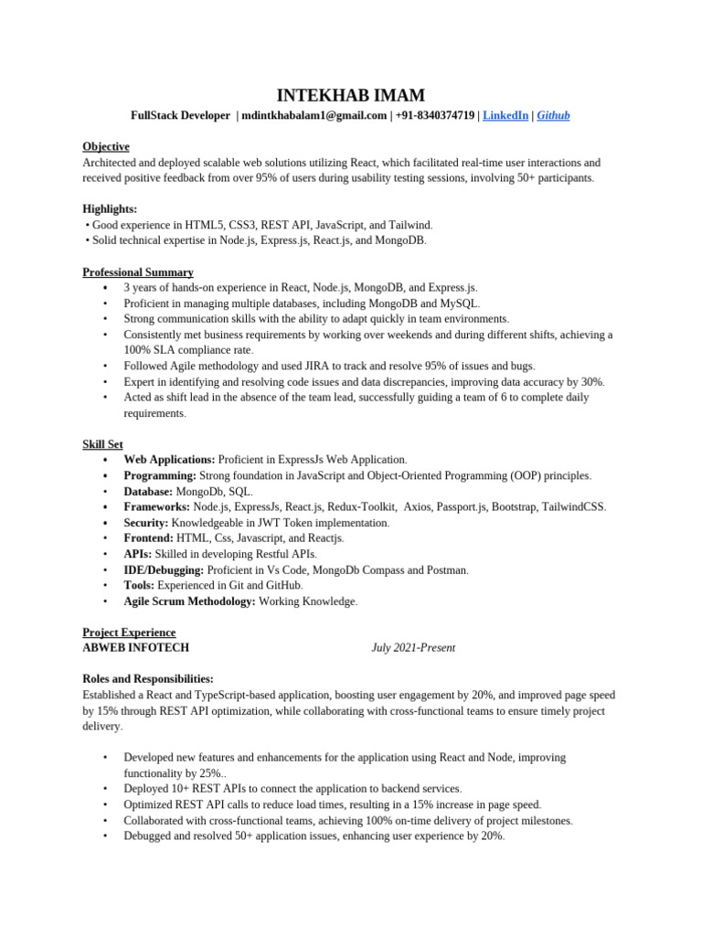 Full Stack Developer Resume - INTEKHAB IMAM | PDF | Java Script | Mongo Db