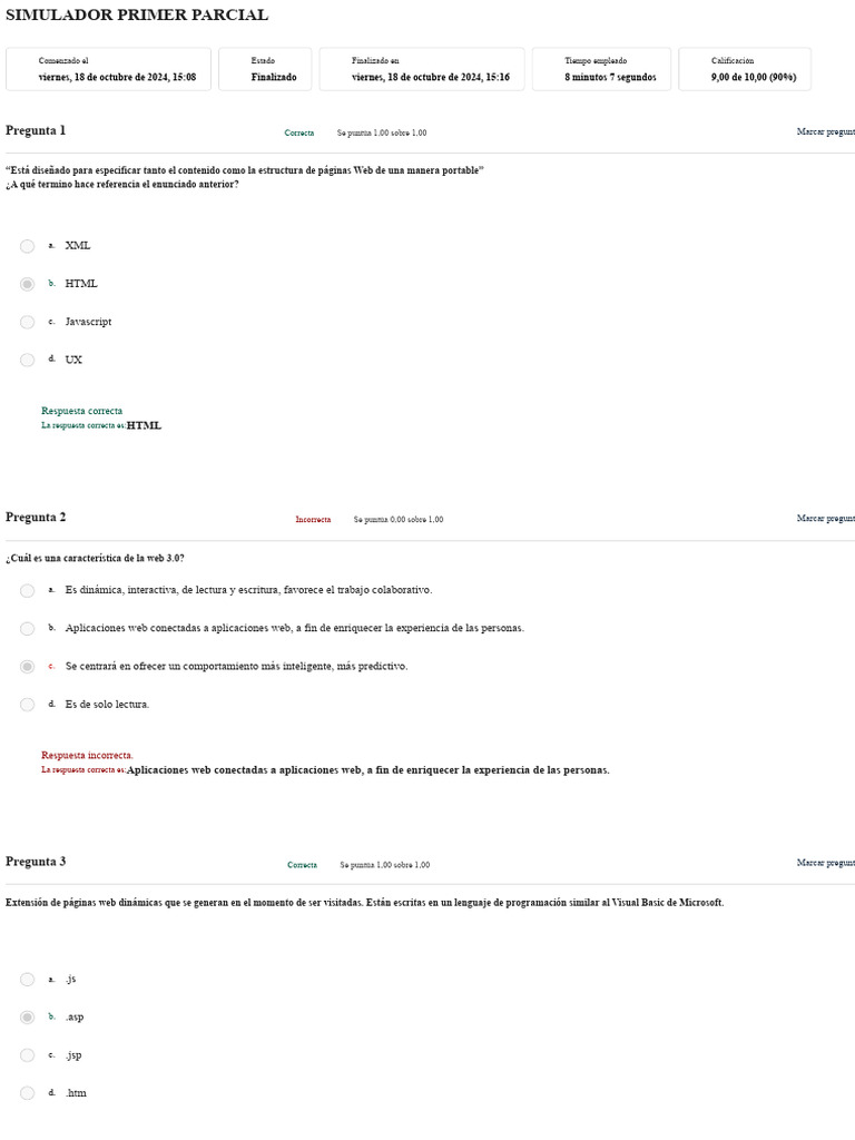 SIMULADOR PRIMER PARCIAL - Revisión Del Intento | PDF | Aplicación web | Script Java