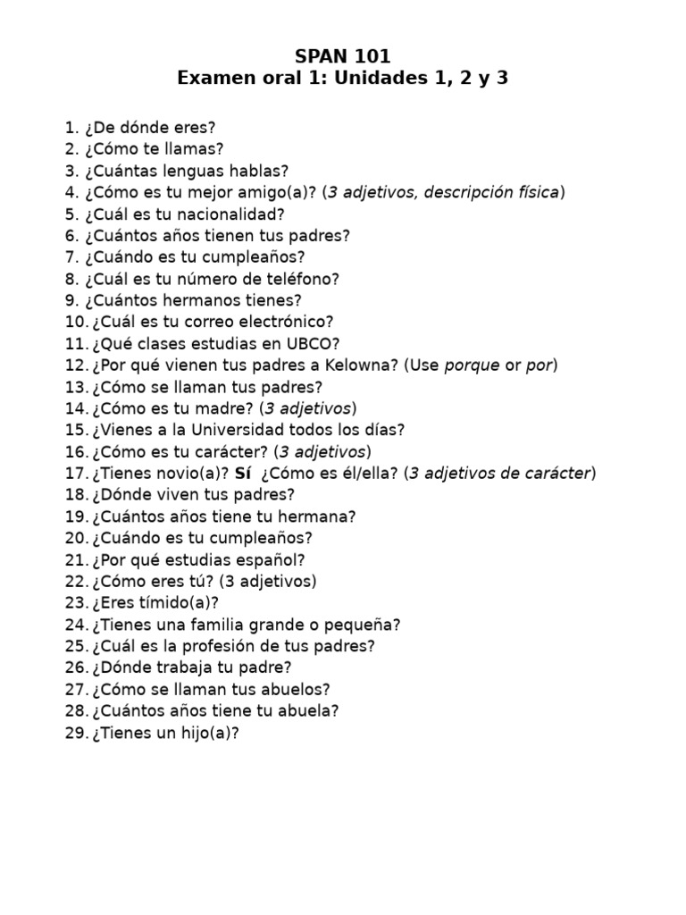 Preguntas para Examen Oral de Español | PDF