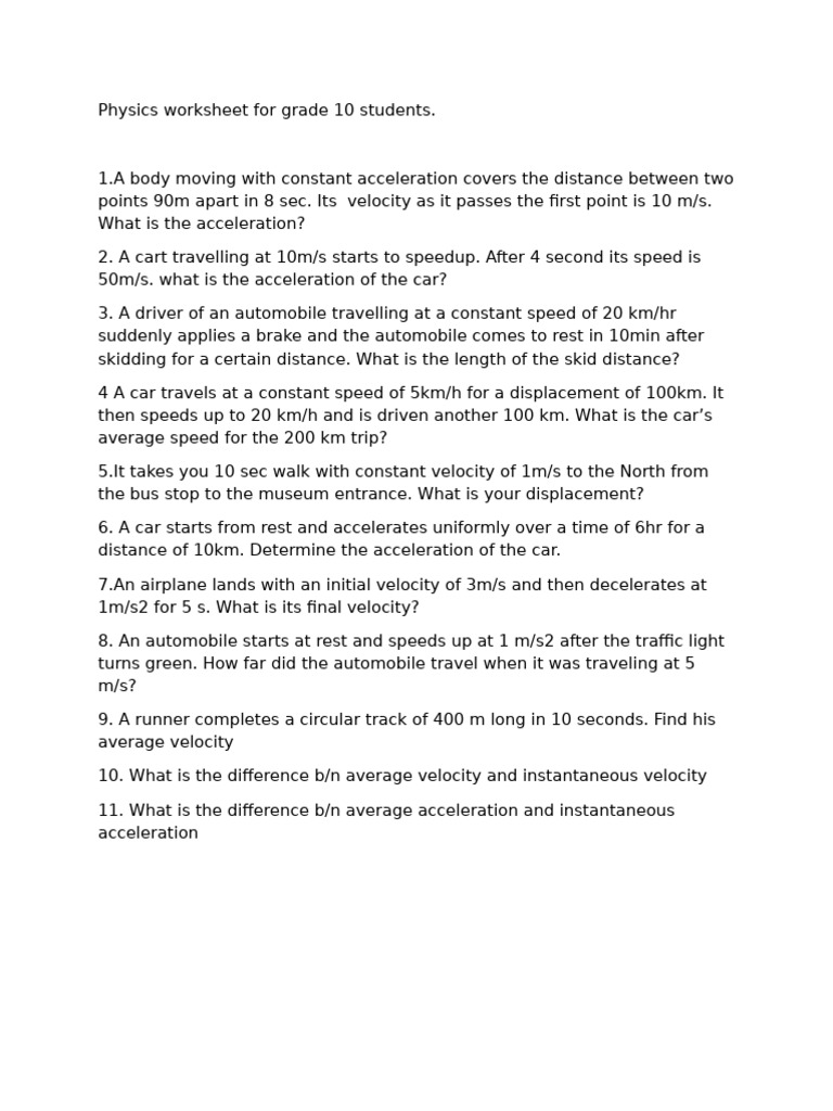 Physics Worksheet For Grade 10 | PDF