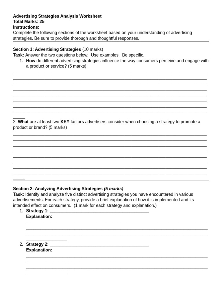Advertising Strategies Analysis Worksheet | PDF | Advertising | Target ...