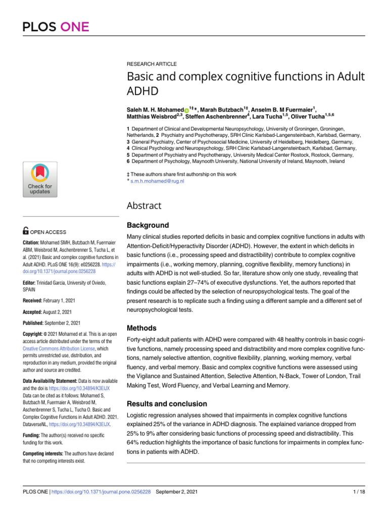 Mohamed Et Al. - 2021 - Basic and Complex Cognitive Functions in Adult ADHD | PDF | Attention ...