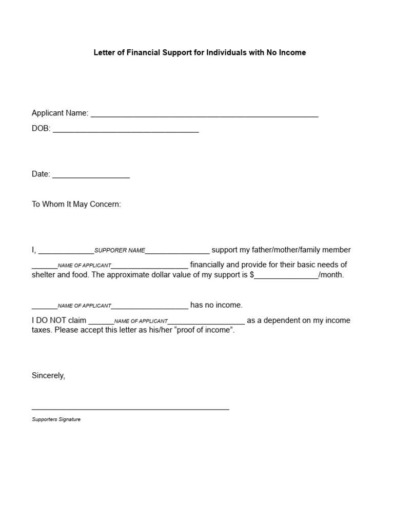 Financial Support Letter for No Income | PDF