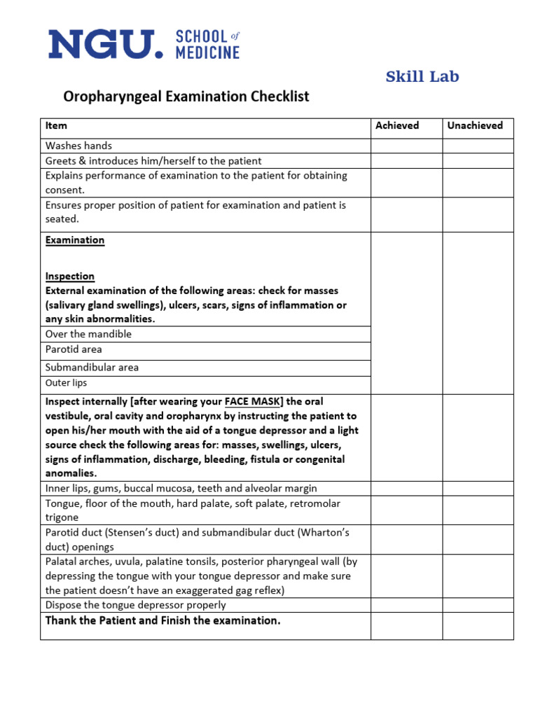 Oropharyngeal Examination Checklist | PDF