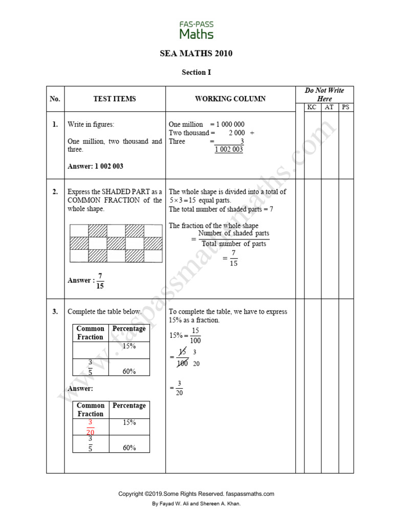 SEA Maths 2010 Past Paper Solutions | PDF | Triangle | Length