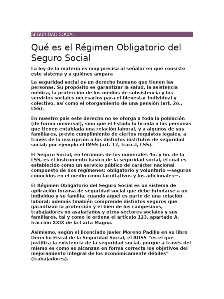 Régimen Obligatorio del Seguro Social | PDF