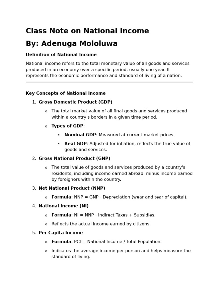 Class Note On National Income | PDF | Gross Domestic Product | Measures ...
