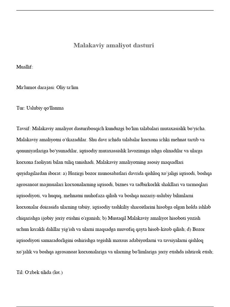 malakaviy-amaliyot-dasturi | PDF