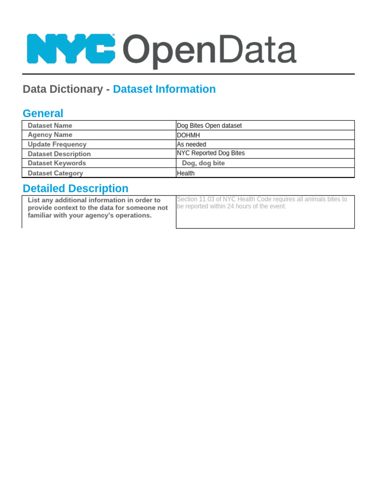 Dog Bites Data DictionaryJan2022 | PDF
