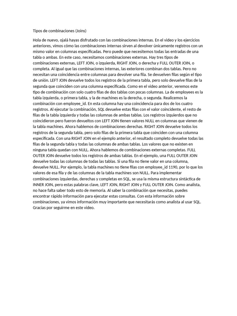 Tipos de Combinaciones (Joins) | PDF | Gestión de datos | Bases de datos