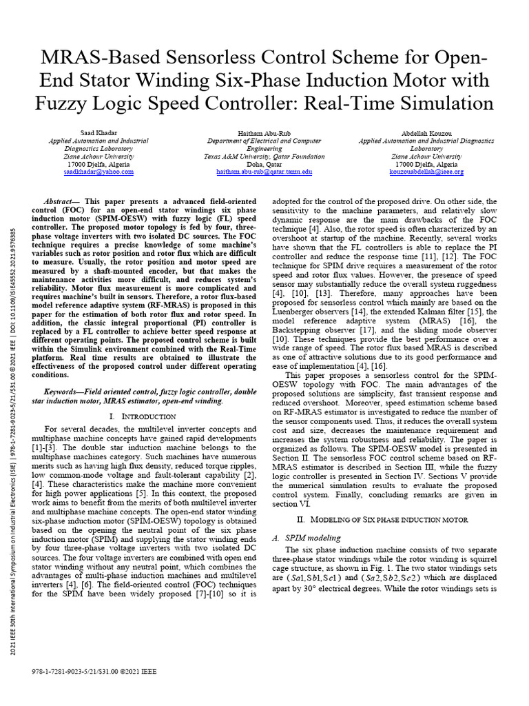Mras Based Sensorless Control Scheme For Open End Stator Winding Six Phase Induction Motor With