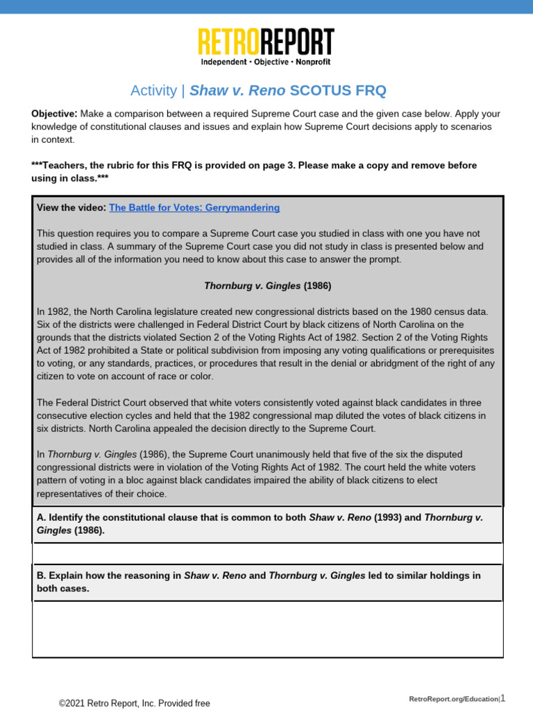Shaw v. Reno and Voting Rights Analysis | PDF | Voting Rights Act Of ...