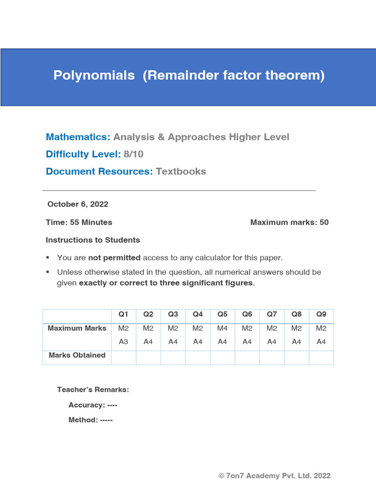241 Polynomials Factorandremender Test 01 Pdf Polynomial 9578