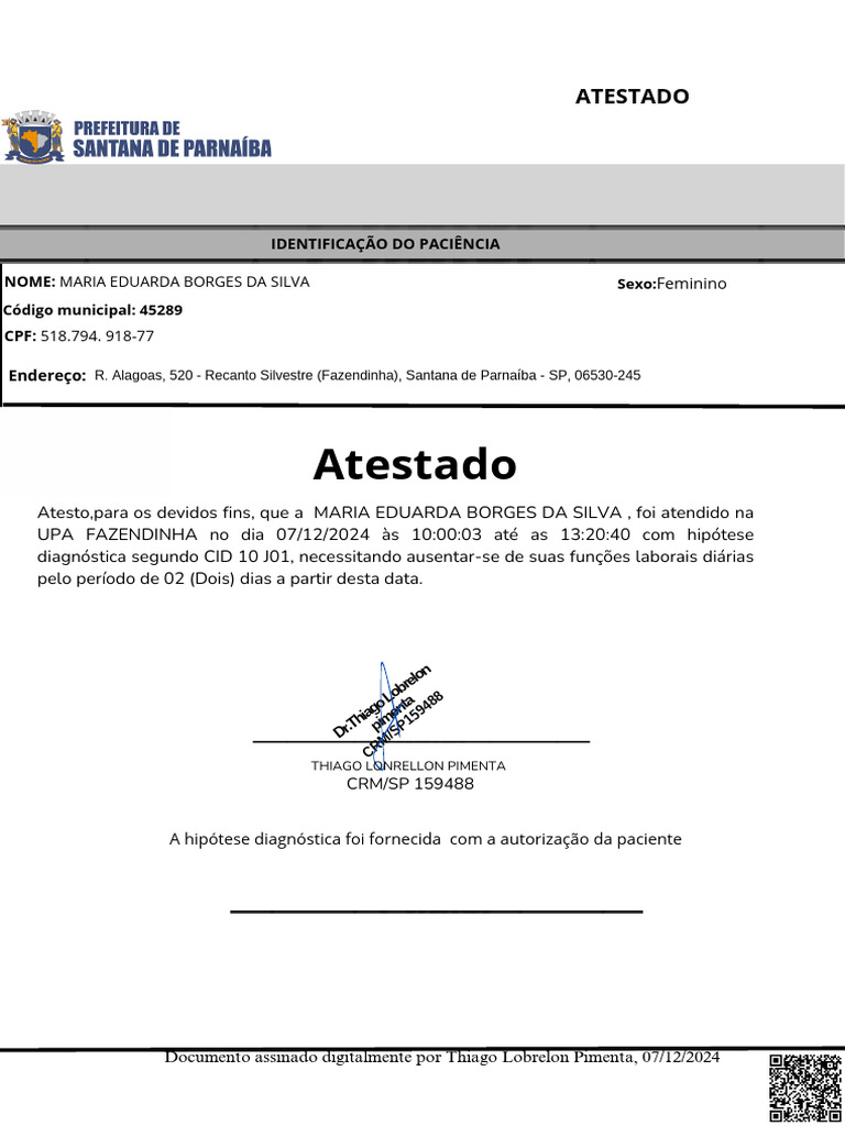 Atestado de Gastrite - Maria Eduarda | PDF