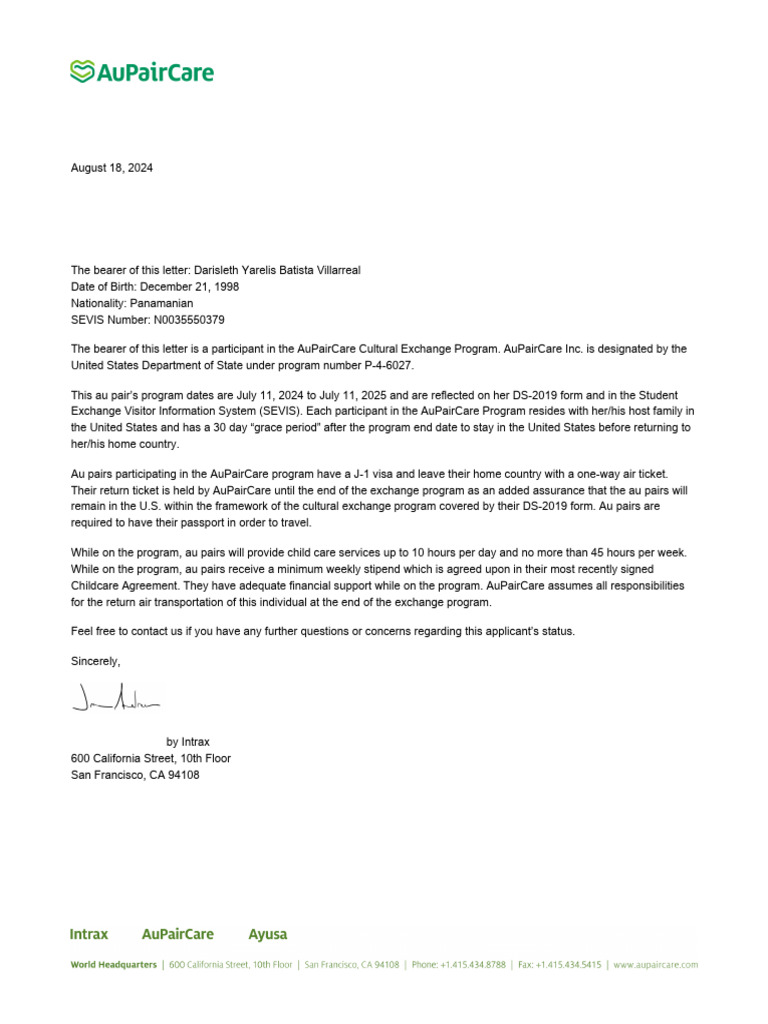 AuPairCare Program Participation Letter | PDF