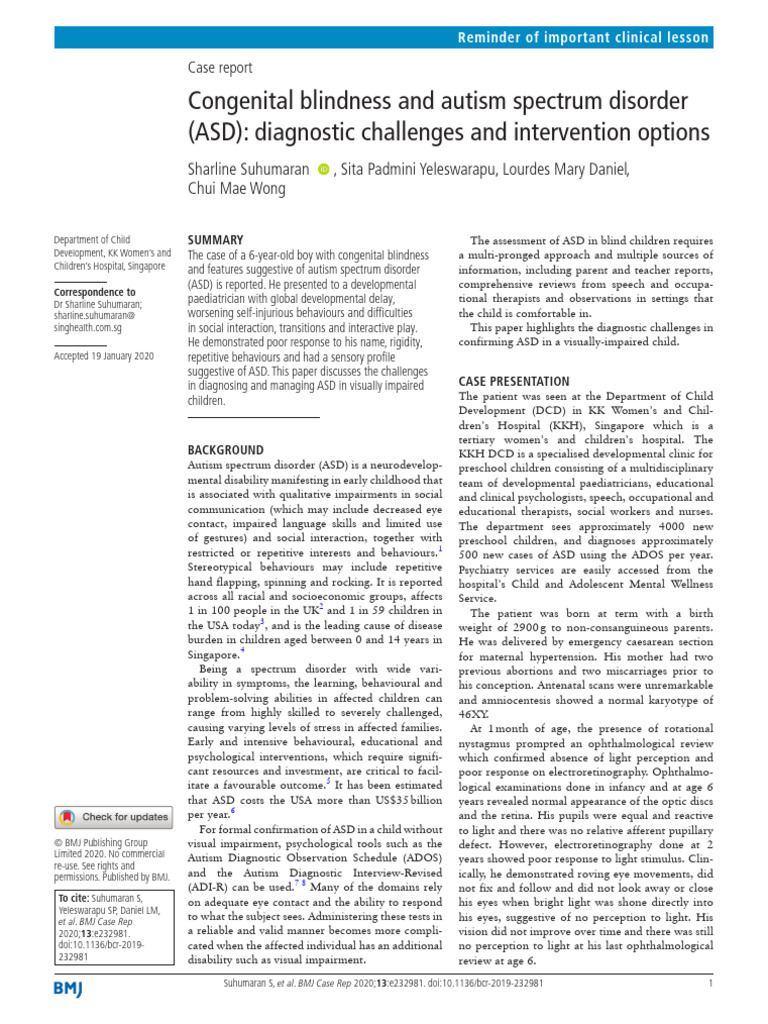 Congenital blindness and autism spectrum disorder (ASD) diagnostic ...