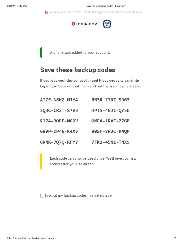 Save Your Login.gov Backup Codes | PDF