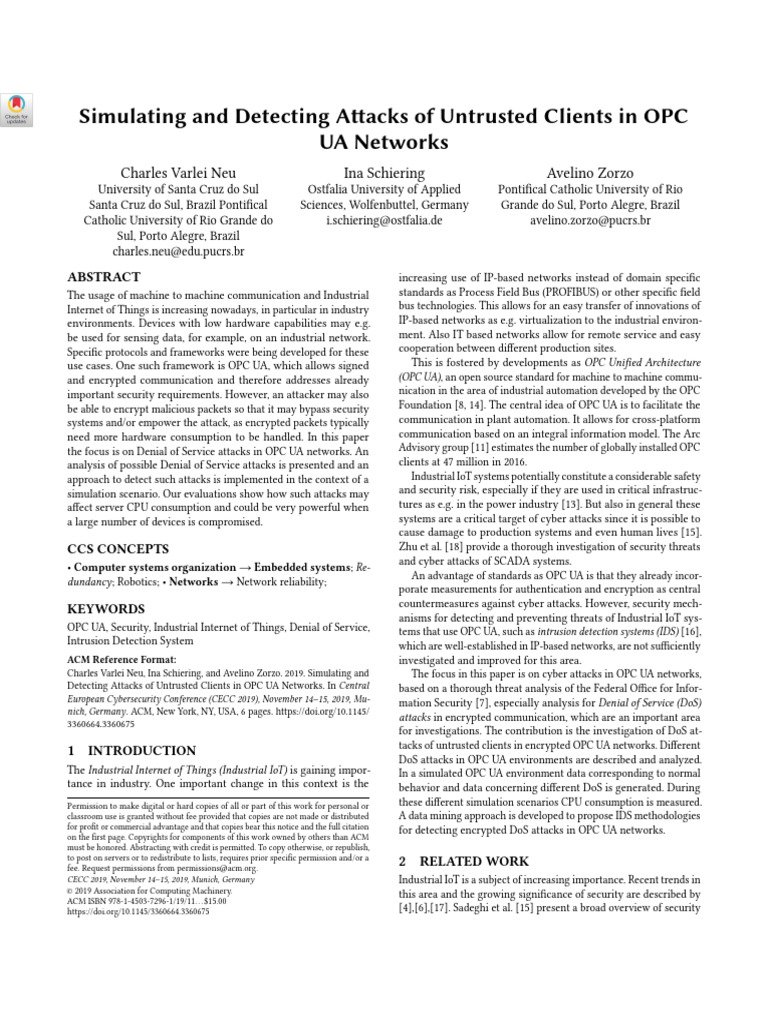 0 Simulating and Detecting Attacks of Untrusted Clients in OPC UA Networks | PDF | Computer ...