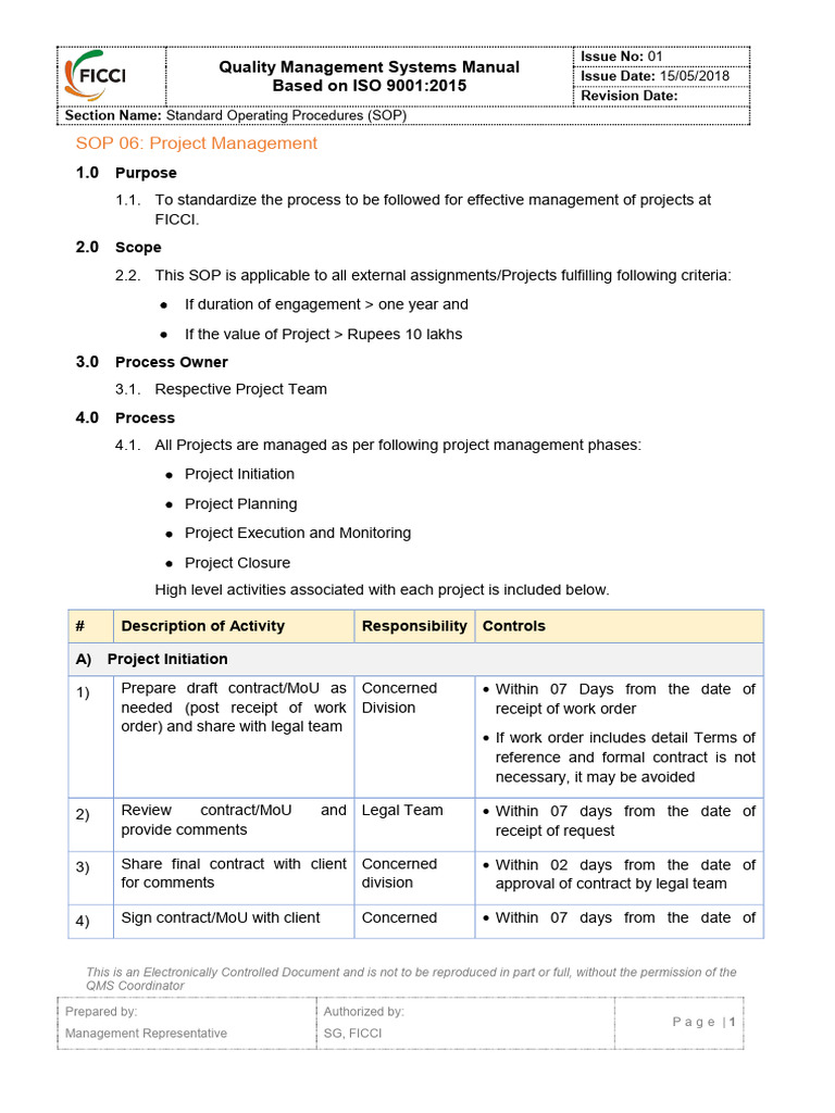 Project Management SOP for ISO 9001:2015 | PDF | International ...