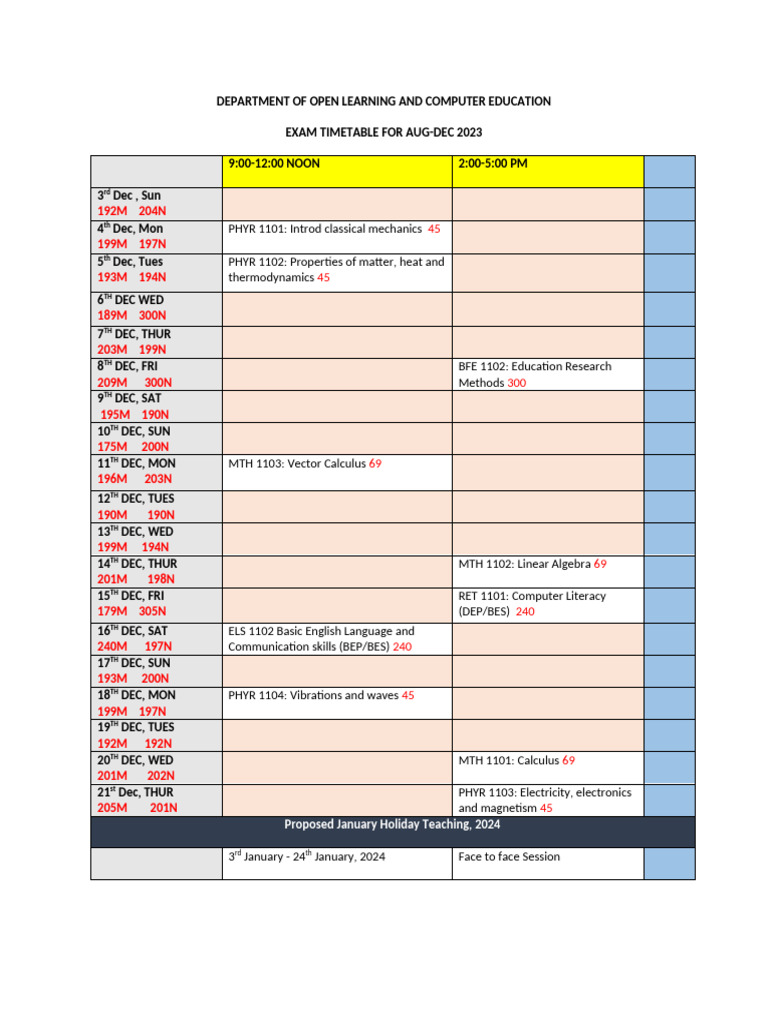 Exam Timetable Aug-Dec 2023 | PDF