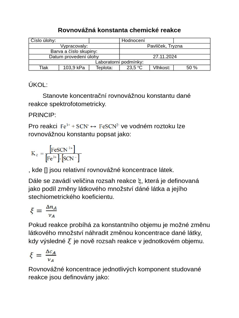 Rovnovážná Konstanta Chemické Reakce | PDF