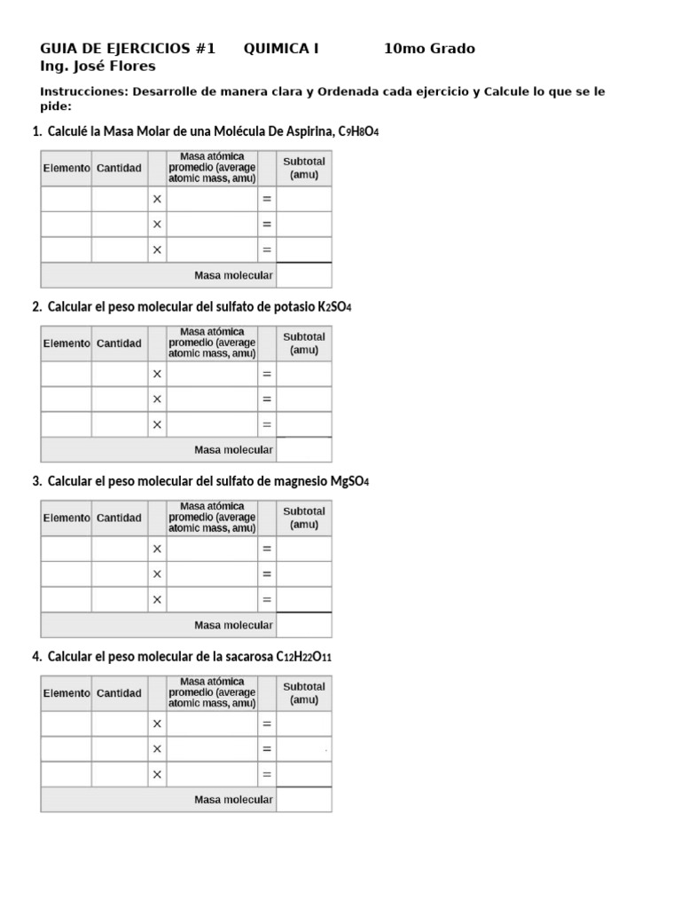 GUIA DE EJERCICIOS QUIMICA I 10mo Grado | PDF