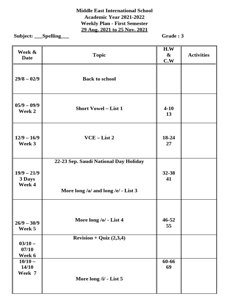 Grade 3 Spelling Weekly Plan 2021-2022 | PDF | Academic Term | Languages